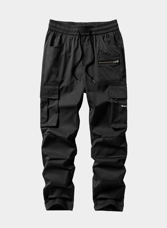 JMIERR Men Casual Cargo Pants Elastic Waist Drawstring Tactical Pant Lightwight Hiking Joggers Pants Loose Fit with Multi Pockets, US 34(M), 1 Black