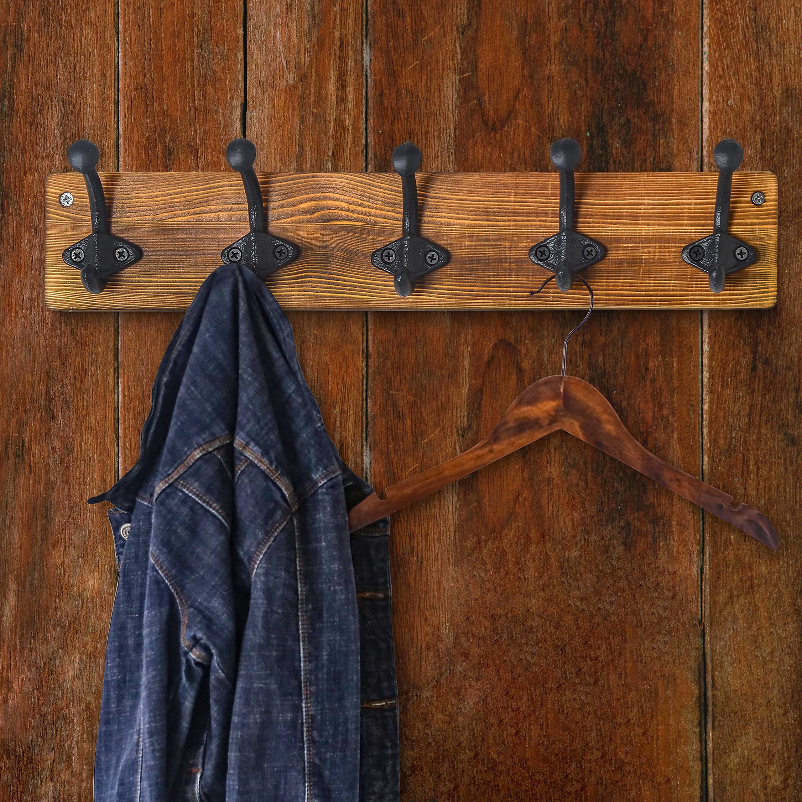 WEBI Rustic Coat Rack Wall Mount,5 Cast Iron Coat Hooks Wall Mounted,Heavy Duty Antique Vintage Hooks for Hanging Coats,Jacket,Clothes,Black