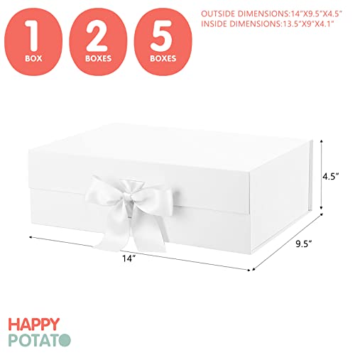 HAPPY POTATO Large Gift Box with Ribbon 13.5x9x4.1 Inches, White Gift Box with Lid Large, Bridesmaid Proposal Box, luxury Gift Box for presents (Glossy White)