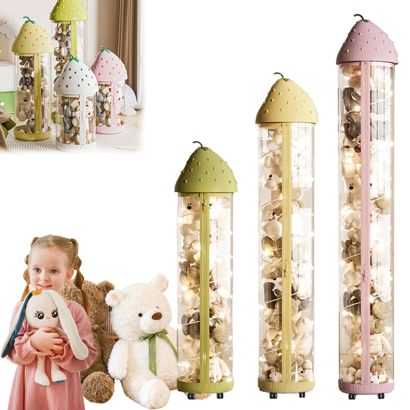 Bnmkt Stuffed Animal Storage Tube with Zipper and Lights, Rotation Vertical Toy Storage Tube with 360° Wheels, Toy Storage Tube, Clear Stuffed Animal Display Tube, Toy Tower Storage (White, 112cm)