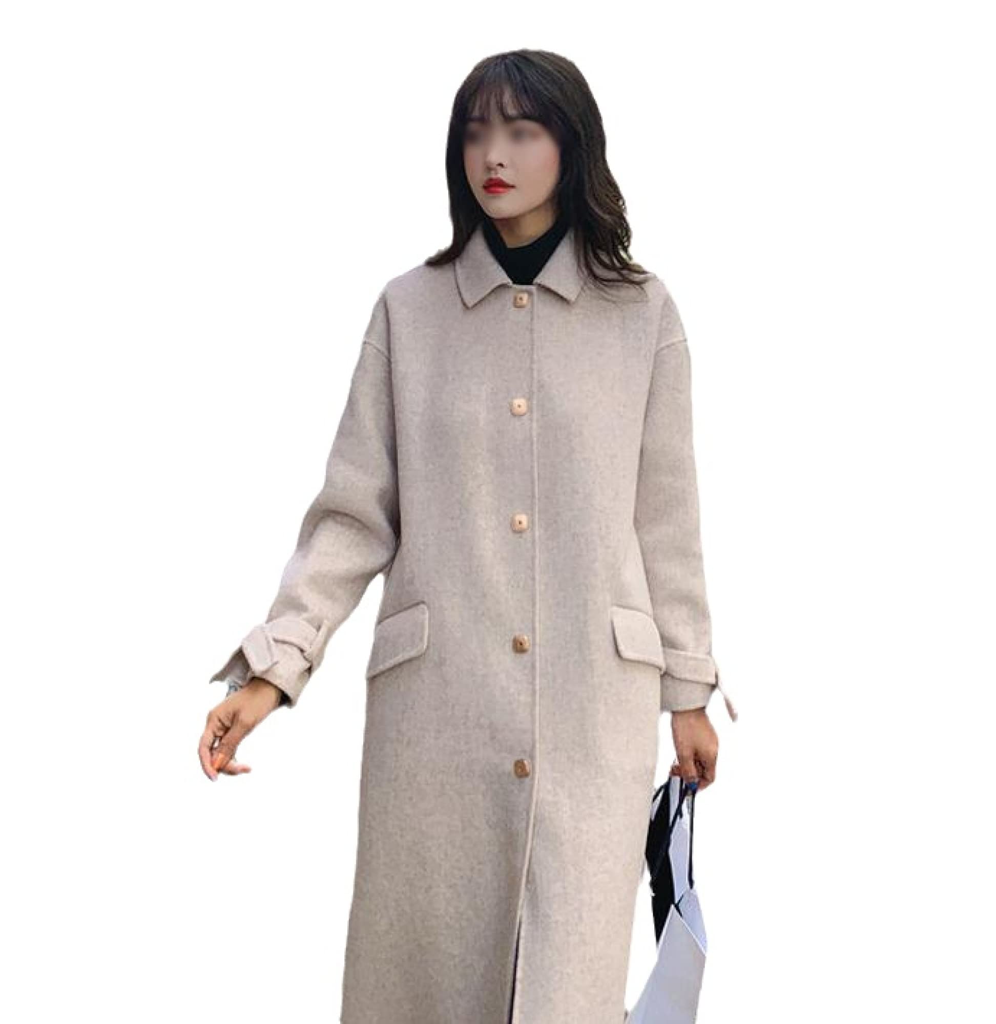 BLFYQB Woolen Coat Female in The Long Section Autumn and Winter Hepburn Wind Thicken Thigh Sen Department Woolen Jacket Capable Neat/Beige/S