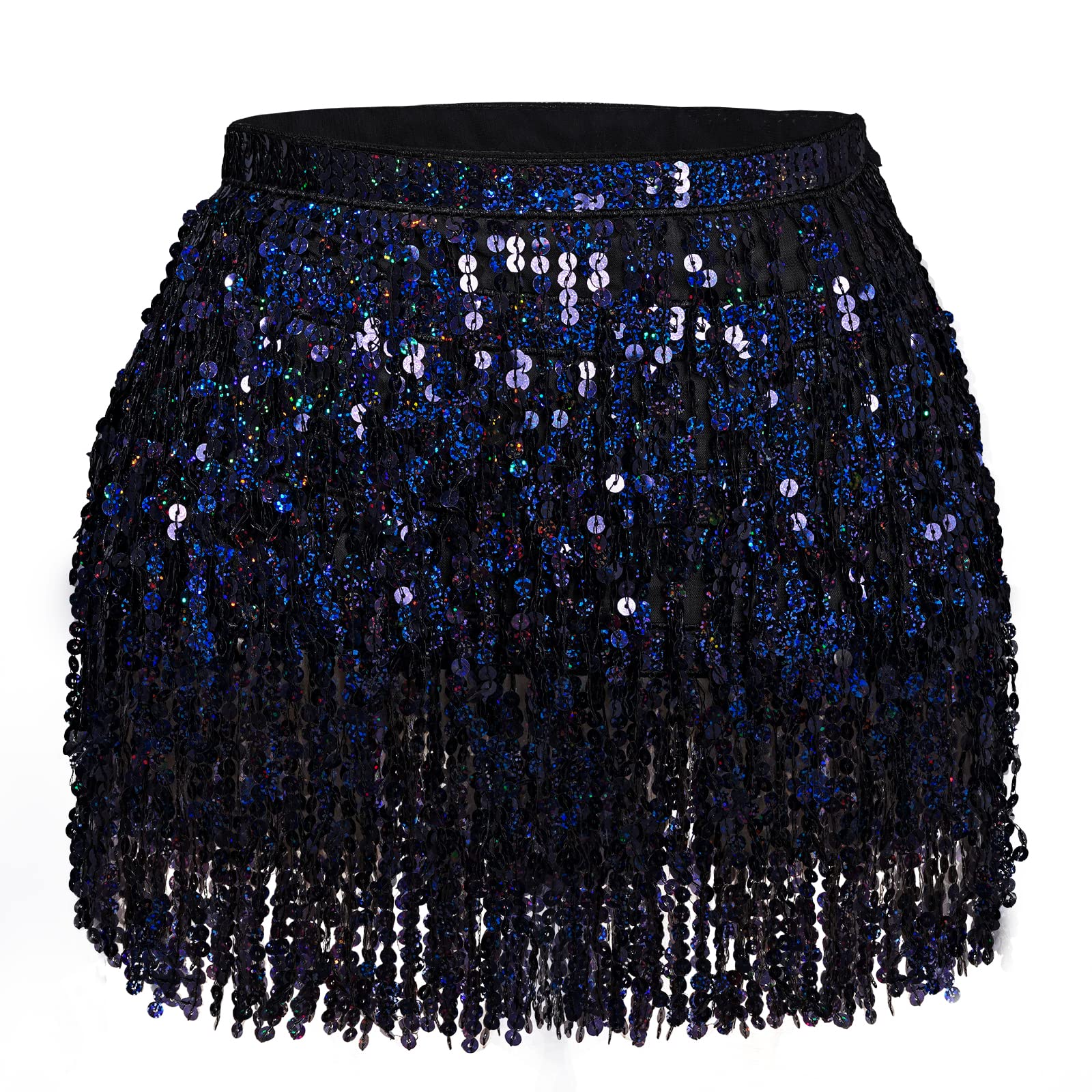 Belly Dance Hip Scarf Sequin Tassel Skirt Performance Outfits Sparkly Fringe Skirt Wrap Halloween Costume Party Rave Festival Clothing for Women and Girls, Black