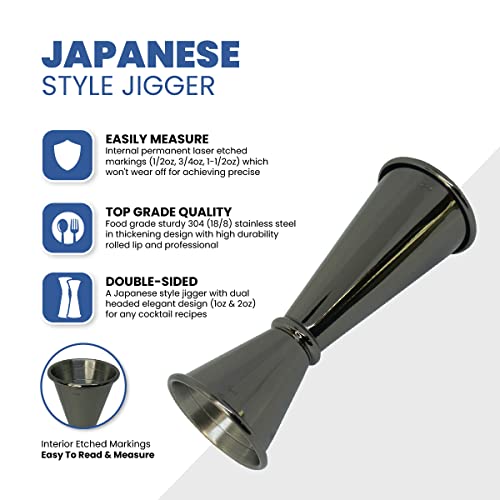 COCKTAIL JIGGER - DOUBLE JIGGER 2 OZ 1 OZ FOR BARTENDING - Food Grade Stainless Steel with Clear Visible Internal Measurements - Ergonomic Design for Effortless Bar Liquor Pouring - Gunmetal Black