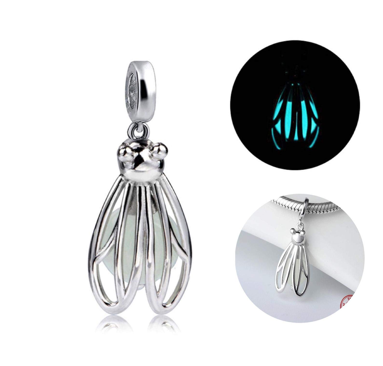 Bolenvi Luminous Firefly Glow in The Dark 925 Sterling Silver Charm Bead Pendant for Pandora & Similar Charm Bracelets or Necklaces