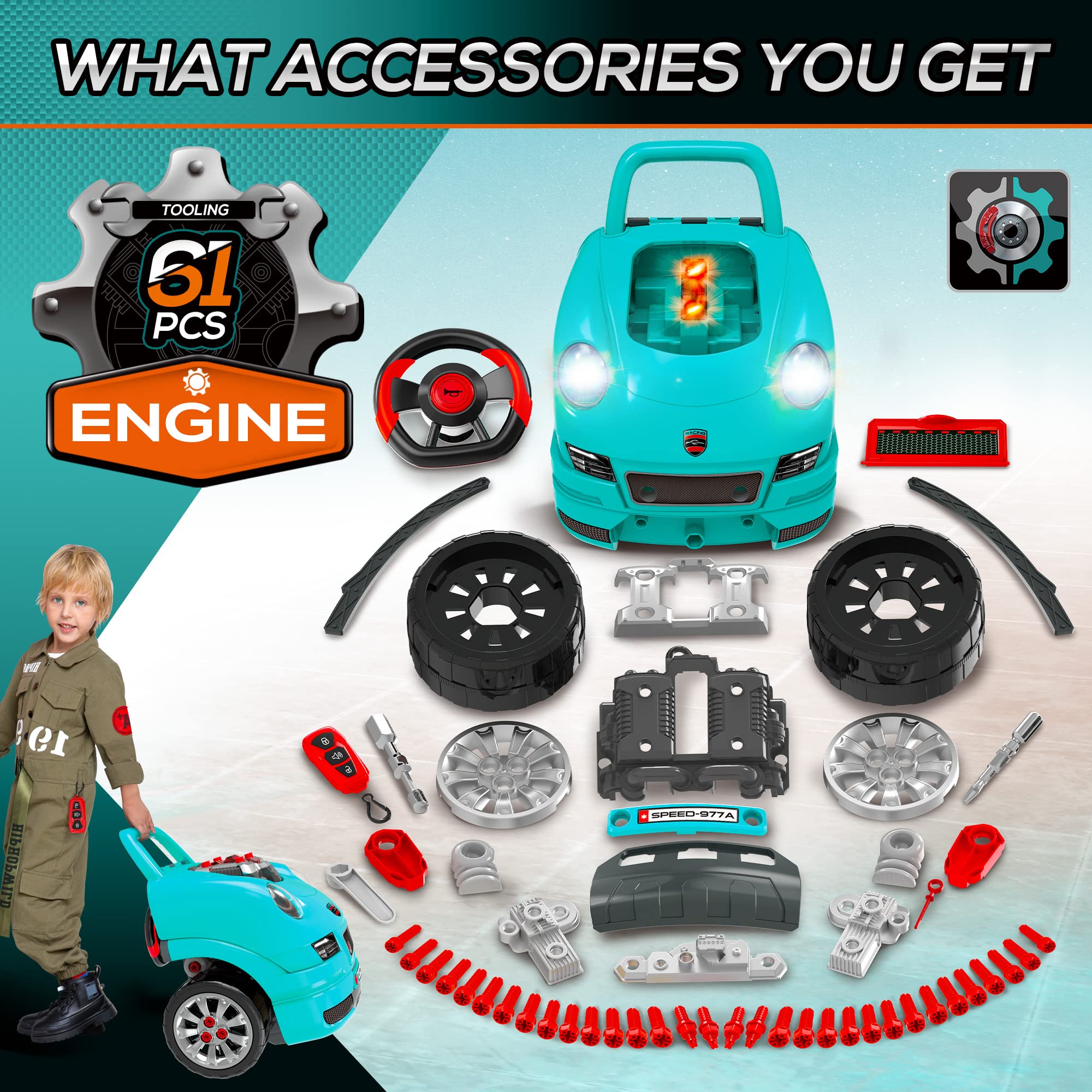 Qaba Kids Truck Engine Toy, Kids Mechanic Car Repair Set, Engine Disassembly Play Workshop, Includes 61 Pieces, Steering Wheel, Horn, Light for 3-5 Years Old, Teal