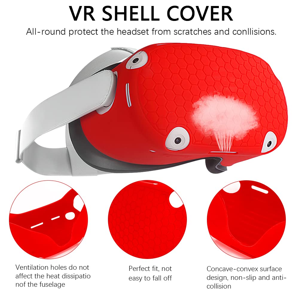 BestMal Touch Controller Grip Cover for Oculus Quest 2 with VR Silicone Face Cover, VR Shell Cover, Quest 2 Lens Cover, Thumb Button Cap, VR Disposable Mask and Cleaning Cloth (Red)