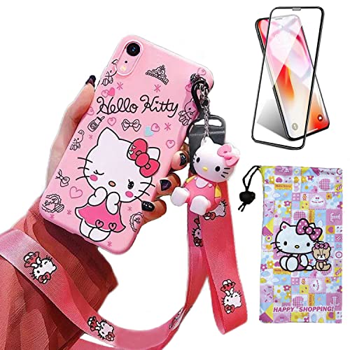 Ealievor Compatible with iPhone XR Case with Screen Protector, Cartoon Cute Funny Kawaii Cat Kitty Animal Character Phone Case Silicone Lanyard 3D Cover Case for Kids Girls and Womens