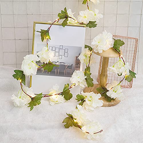 Mhuan 2.2m 25 Lights Simulation White Cherry Blossom Wisteria Flower Rattan String Light Artificial Flower Decorative Atmospheres String Lights for Home Garden Festival Wedding Party Decor