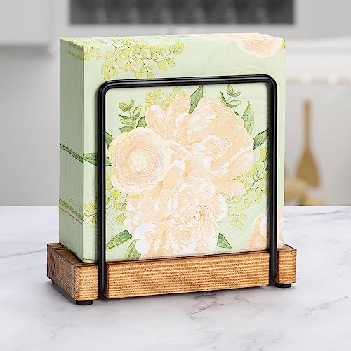 Napkin Holder for Kitchen Dining Table - Farmhouse Standing Iron Napkins Holders with Wood Base for Paper Napkins, Modern Dispenser for Home Decor
