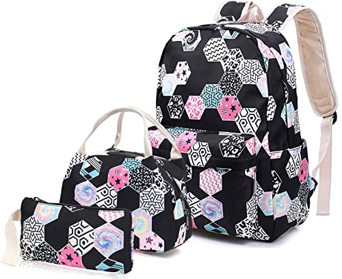 Geometry Backpack Set 3-in-1 Kids School Bag, Junlion Laptop Backpack Lunch Bag Pencil Case Gift for Teen Boys Girls