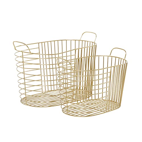 CosmoLiving by Cosmopolitan Metal Round Storage Basket with Handles, Set of 2 20", 17"W, Gold