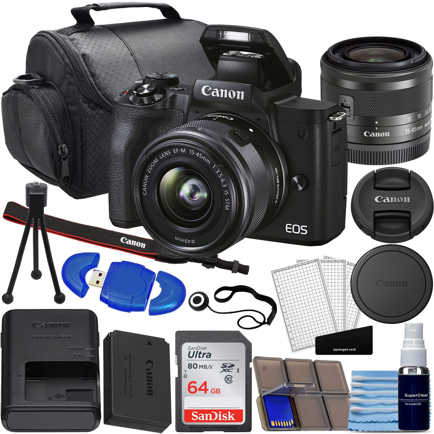 Camera EOS M50 Mark II Mirrorless Digital SLR with 15-45mm Lens Kit (Black) + 64GB Memory Card + Card Reader + Photo Bundle