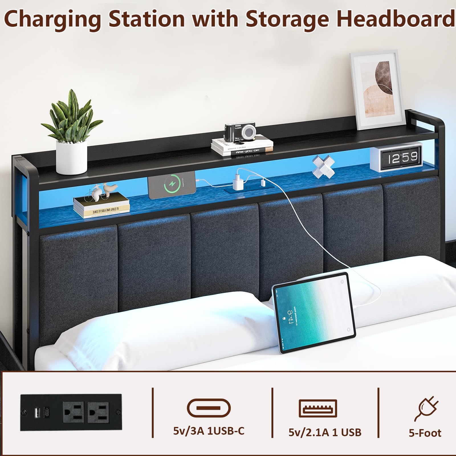 CHABUILDREARK Full Size Bed Frame with Storage Headboard, Upholstered Platform Bed with Charging Station and LED Lights, Heavy Duty Metal Slats, No Box Spring Need, Easy Assembly, Dark Grey