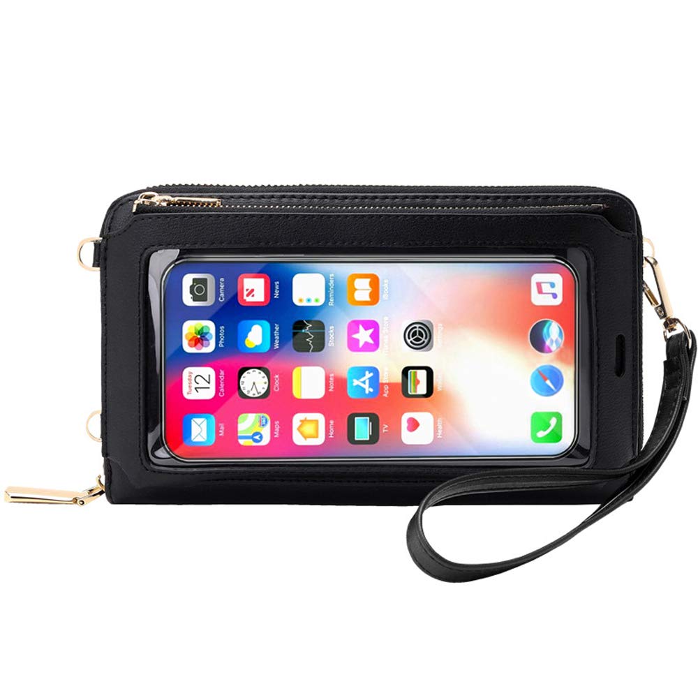 Small Touch Screen Phone Bag for Women, Zipper Crossbody Purse Leather Shoulder Bag RFID Blocking Wallet Handbag(T-Black)