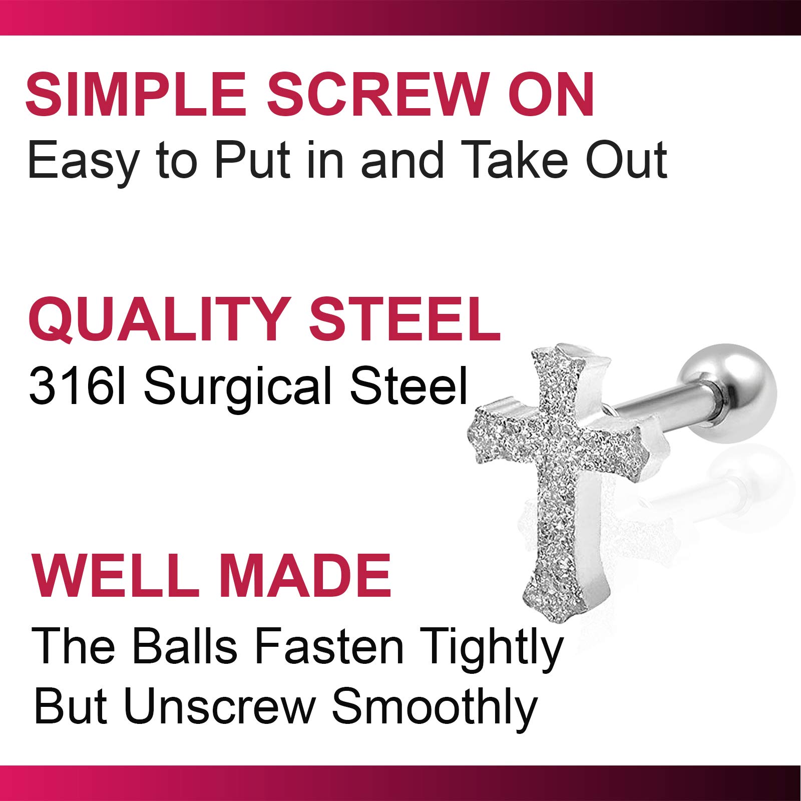 bodyjewellery 2pcs 16g 1/4 Barbell Earring Cartilage Forward Helix Tragus Stud Bars Lobe Auricle Piercing Cross 316L Surgical Steel