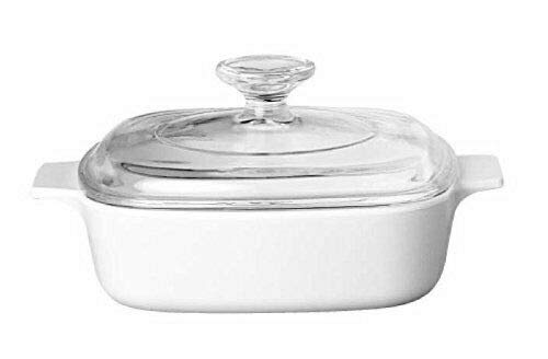 CorningWare 4 Piece Pyroceram Classic Casseroles 2.4 qt/2.25L Round & 2.1 qt/2L Square Cooking Pots With Handles & Glass Lid - White