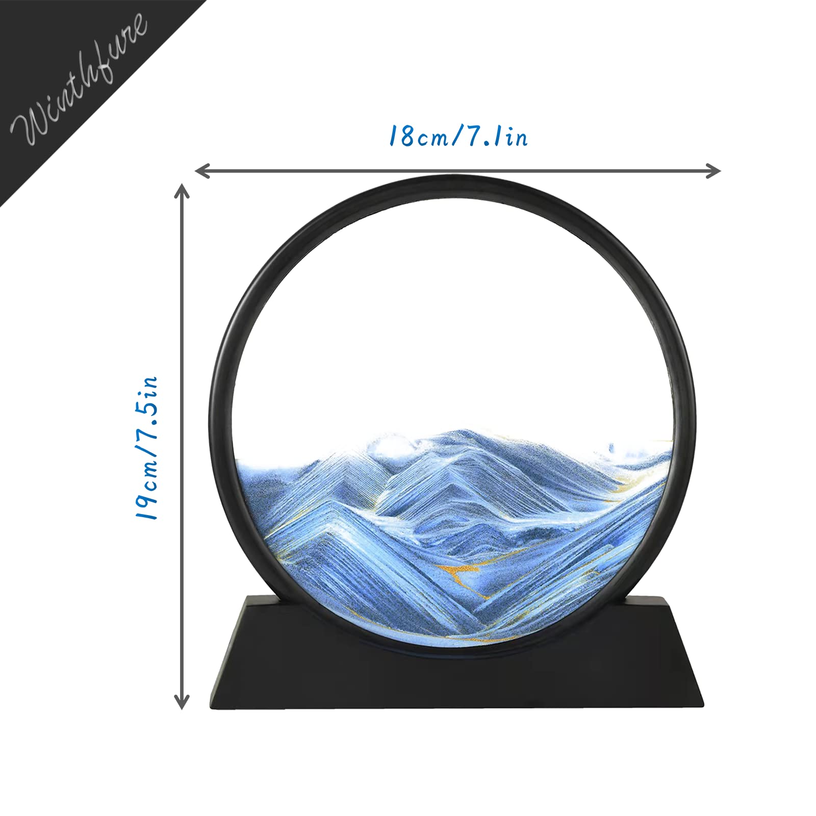 Winthfure Moving Sand Art Picture-3D Deep Sea Sandscape in Round Glass Flowing Sand Frame, Large Desktop Sand Art Toys, Relaxing Home and Office Decorations (7", Blue)