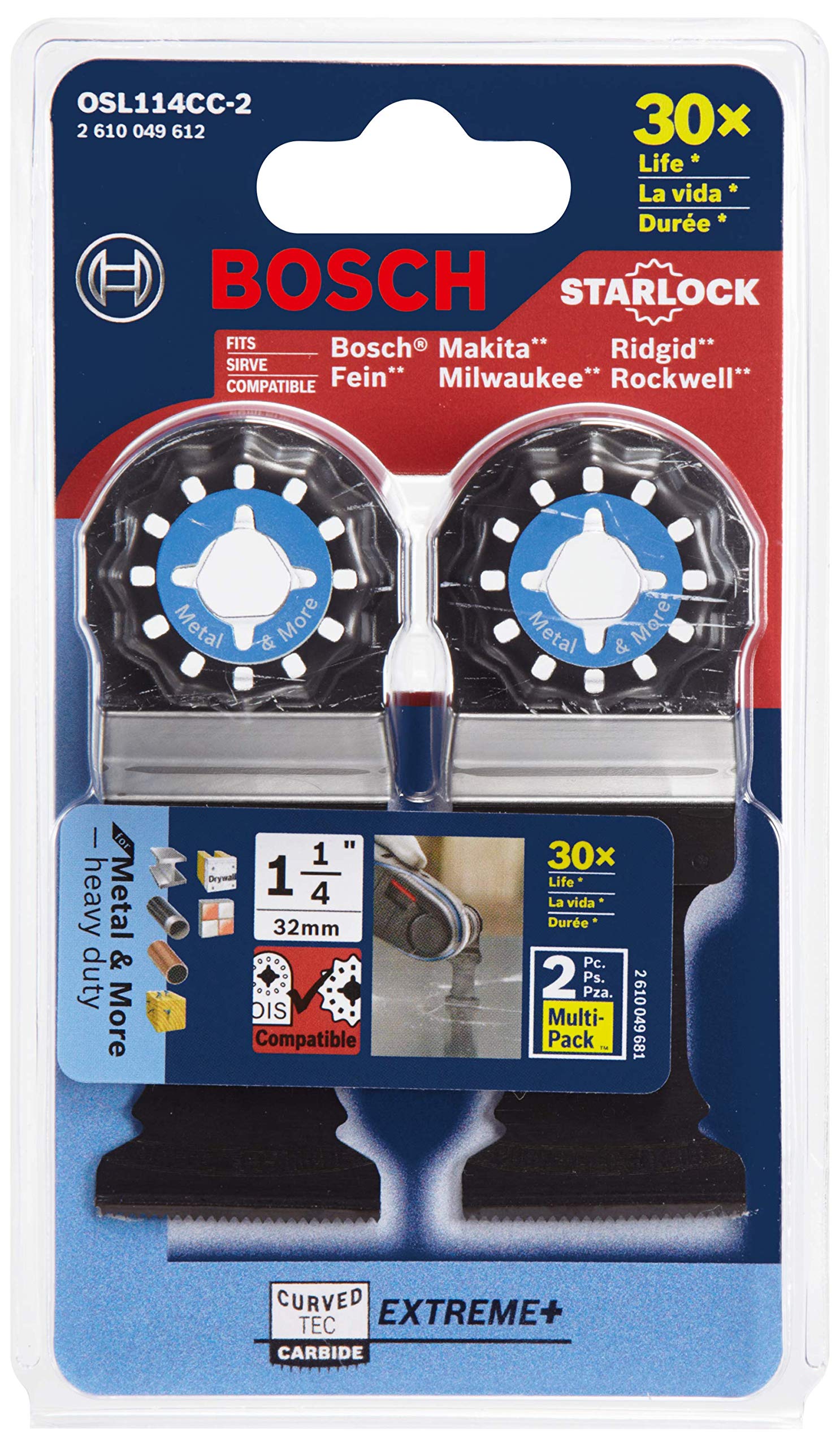 BOSCH OSL114CC-2 2-Pack 1-1/4 In. Starlock Oscillating Multi Tool Metal & More Curved-Tec Carbide Extreme Plunge Cut Blades for Metal (Nails and Staples), Wood with Nails, PVC