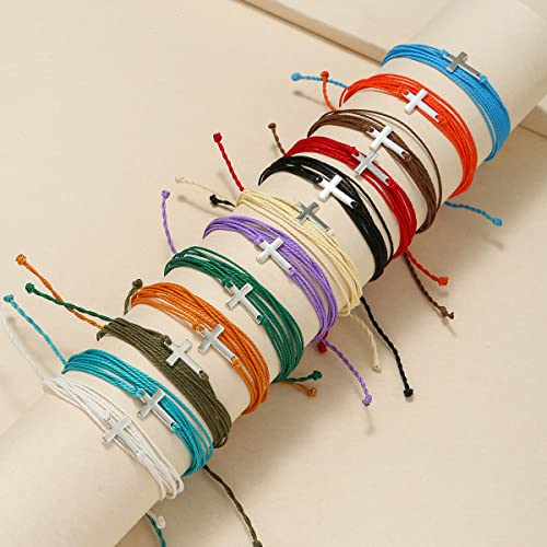 Handmade Cross Colorful Adjustable Braided String Bracelet Friendship Couple Tiny Sideways Cross Rope Bangle Lucky Protection Jewerly for Women Men Teens-set