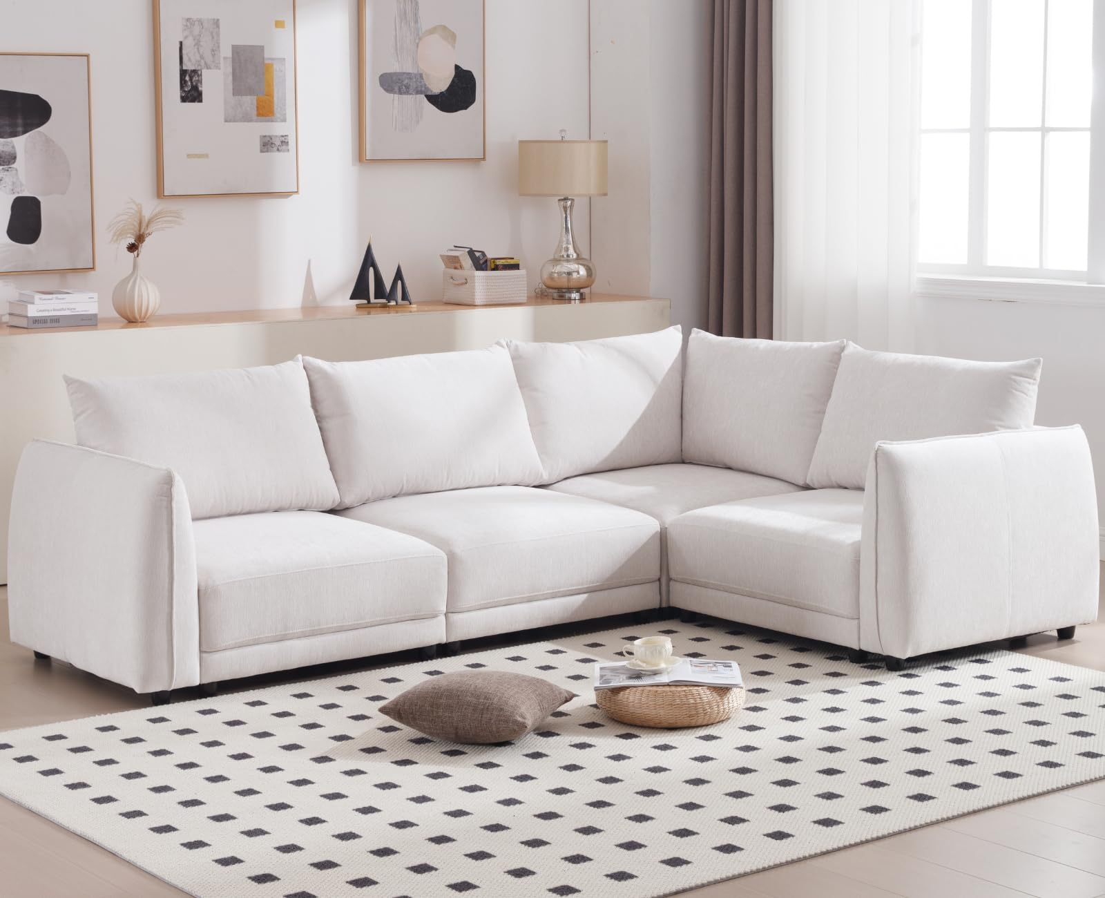 CIMOTA Oversized Corner Modular Sectional Fabric Sofa, 107 Inch Large 4 Seater Sofa Set, L Shaped Corner Sectional Cloud Sofa Couch for Living Room and Office, 3 Seat and 1 Middle Corner, White