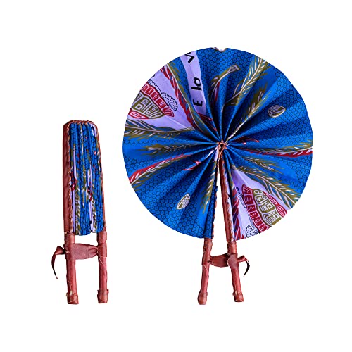 Handmade in Ghana Colorful Ankara African Print Handheld Bolga Folding Fan With Leather Handles Handheld African Fabric Folding Fan (Multi 1)