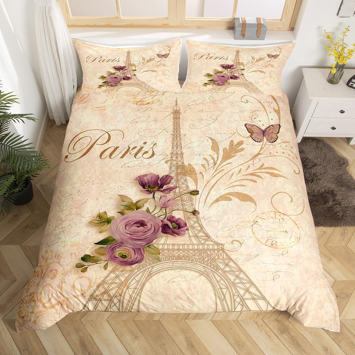 Eiffel Tower Bedding Set,Purple Rose Duvet Cover for Kids Teens Boys Girls,Romantic Paris Comforter Cover Decorative Room,Retro Style Quilt Cover with 2 Pillowcases,King Size
