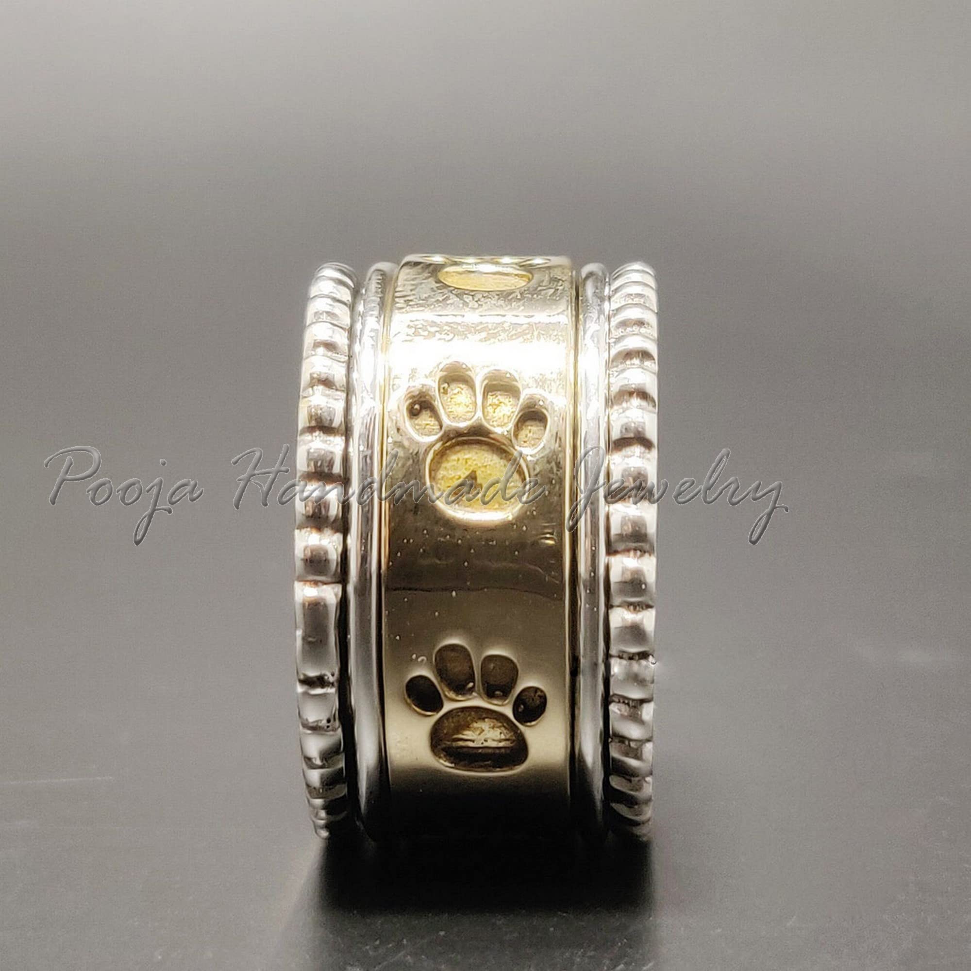 Paw Print Spinner Ring, Solid 925 Sterling Silver Ring, Brass Footprint Ring, Meditation Ring, Handmade Ring and Paw Symbol Spinner Ring for Women, Anxiety Ring, Mediation Ring and Fidget Spinner Ring