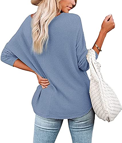 Fronage Womens Waffle Knit Tunic Tops V Neck Long Sleeve Casual Loose Pullover Blouses Shirts (Blue, Medium)