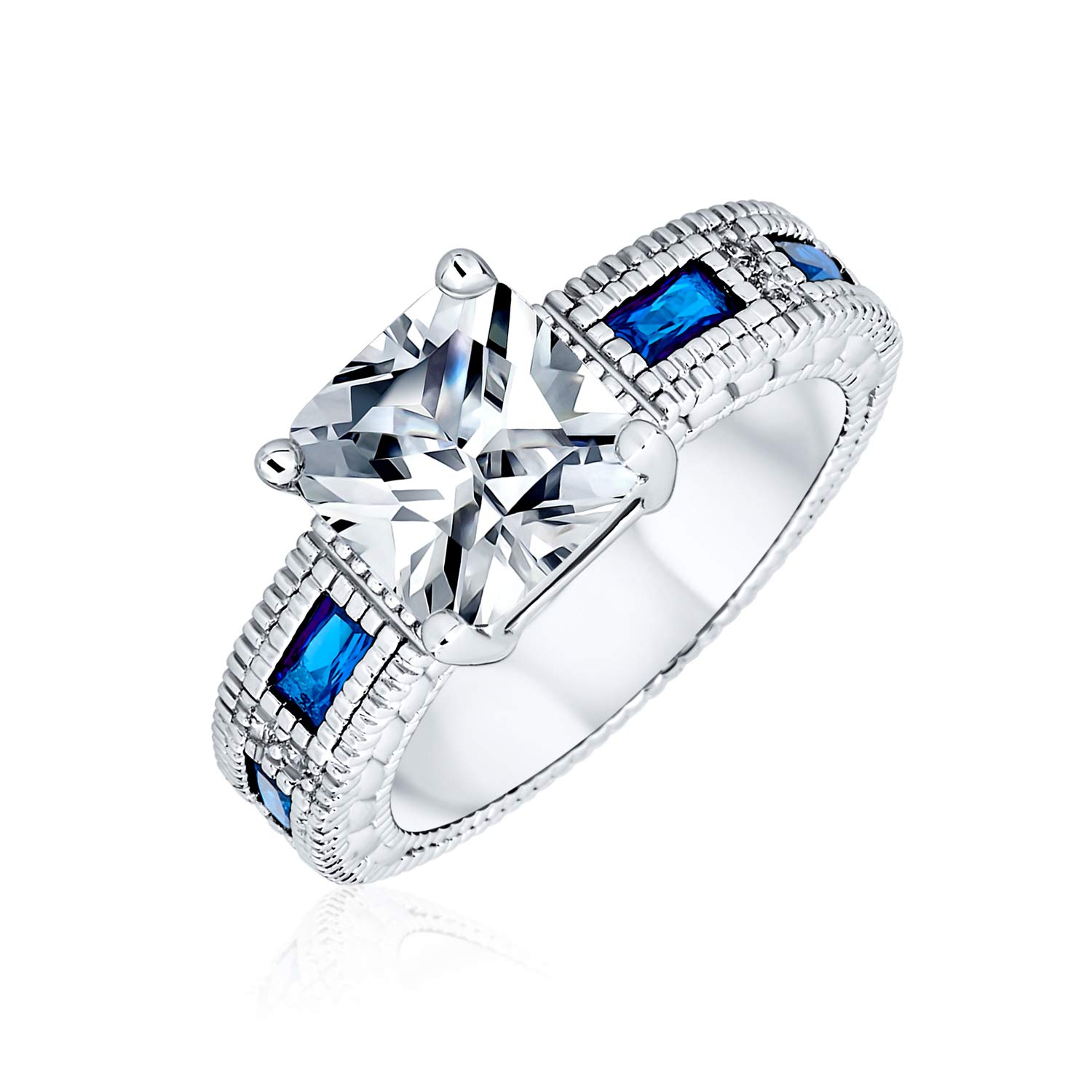 Bling Jewelry Cubic Zirconia Princess Cut & Blue Sapphire Color Baquettes Engagement Ring 3ct - Size 8