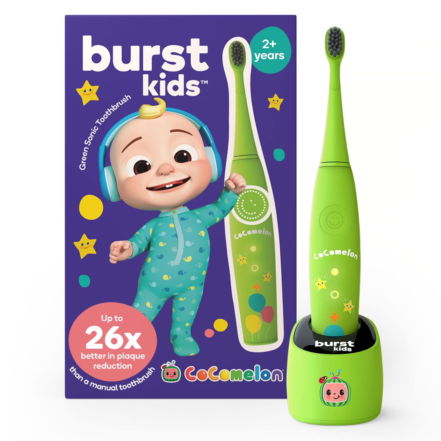 CoComelon x BURSTkids Kids Electric Toothbrush Bundle with 4 Replacement Heads - Soft Bristle Kid & Toddler Toothbrush, Ages 2+ - JJ Green