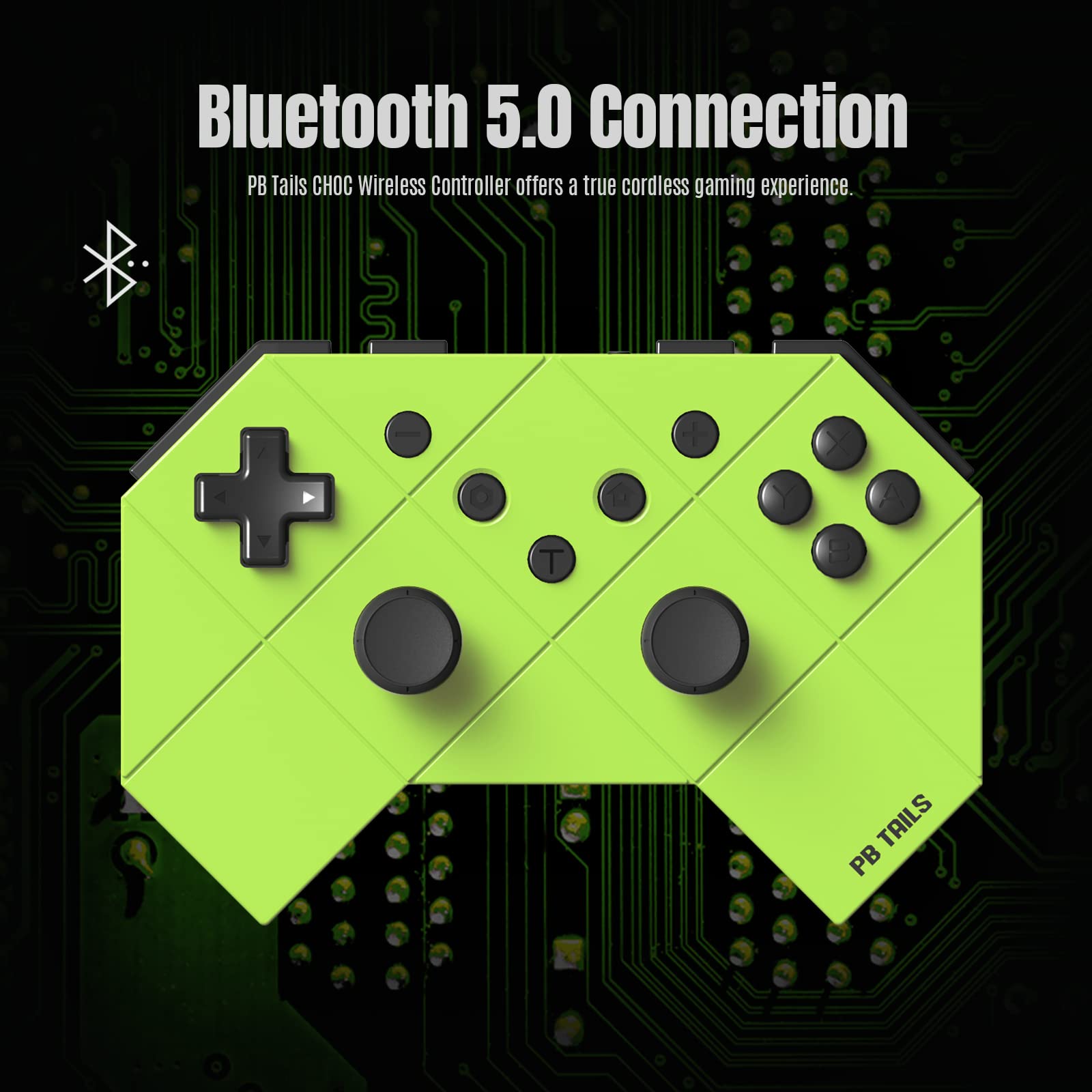 PB TAILS CHOC Unique Bluetooth Controller for Switch, PC, Steam, Android - Portable Switch Wireless Controller with Turbo-Mode, Motion Control, Vibration, Wake Up Function & Carry Case - Neon Green