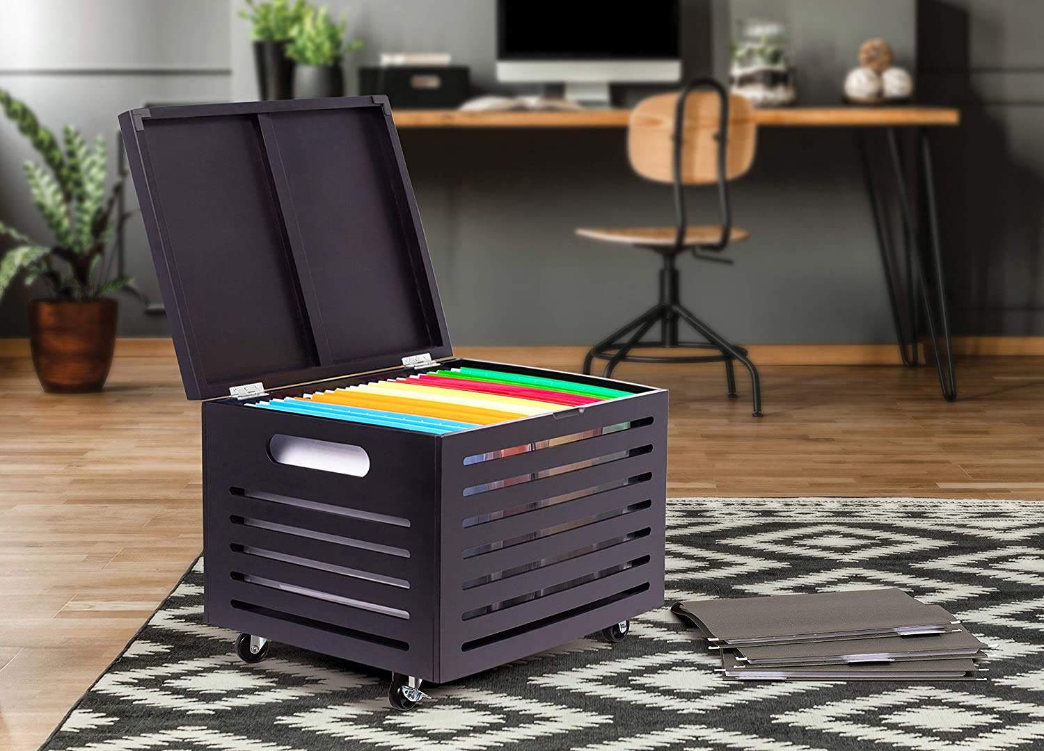 BIRDROCK HOME Rolling File Storage Organizer Box with Lid (NEW VERSION) - Bamboo - Decorative Wood Hanging Filing & Storage Office Box - Letter or Legal - Strong Durable - Toys Blankets - Cafe Noir