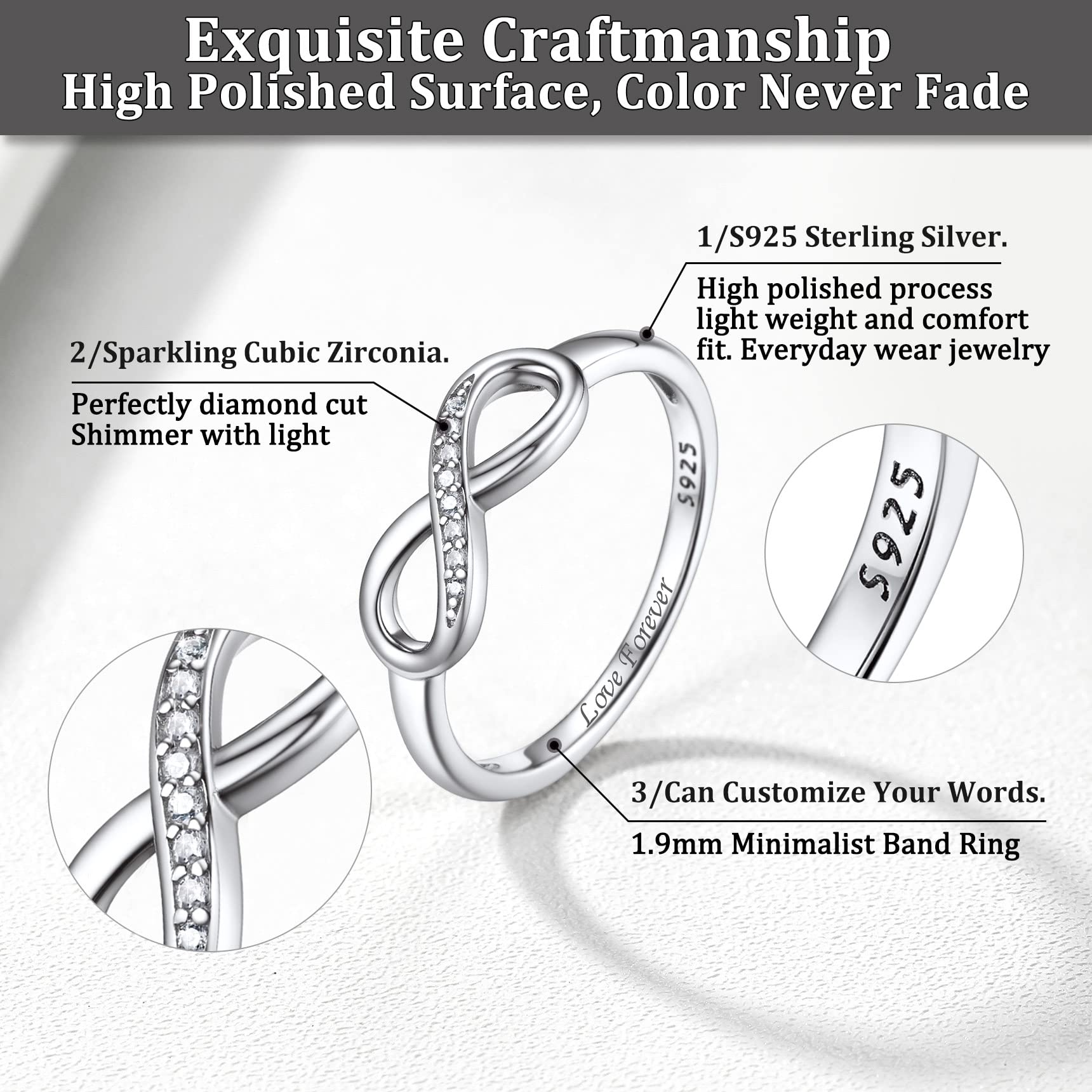 Bestyle S925 Sterling Silver Infinity Knot Ring, Size 8, CZ Band Ring for Women/Wife/Friends/Sister, Love Promise Engagement Wedding Ring