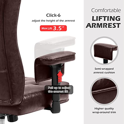YAMASORO High Back Ergonomic Executive Office Chair with Wheels and Arms, Tufted Back & Nailhead Trim, Home Office Desk Chairs for Home & Office, Faux Leather Swivel Work Chair,Brown