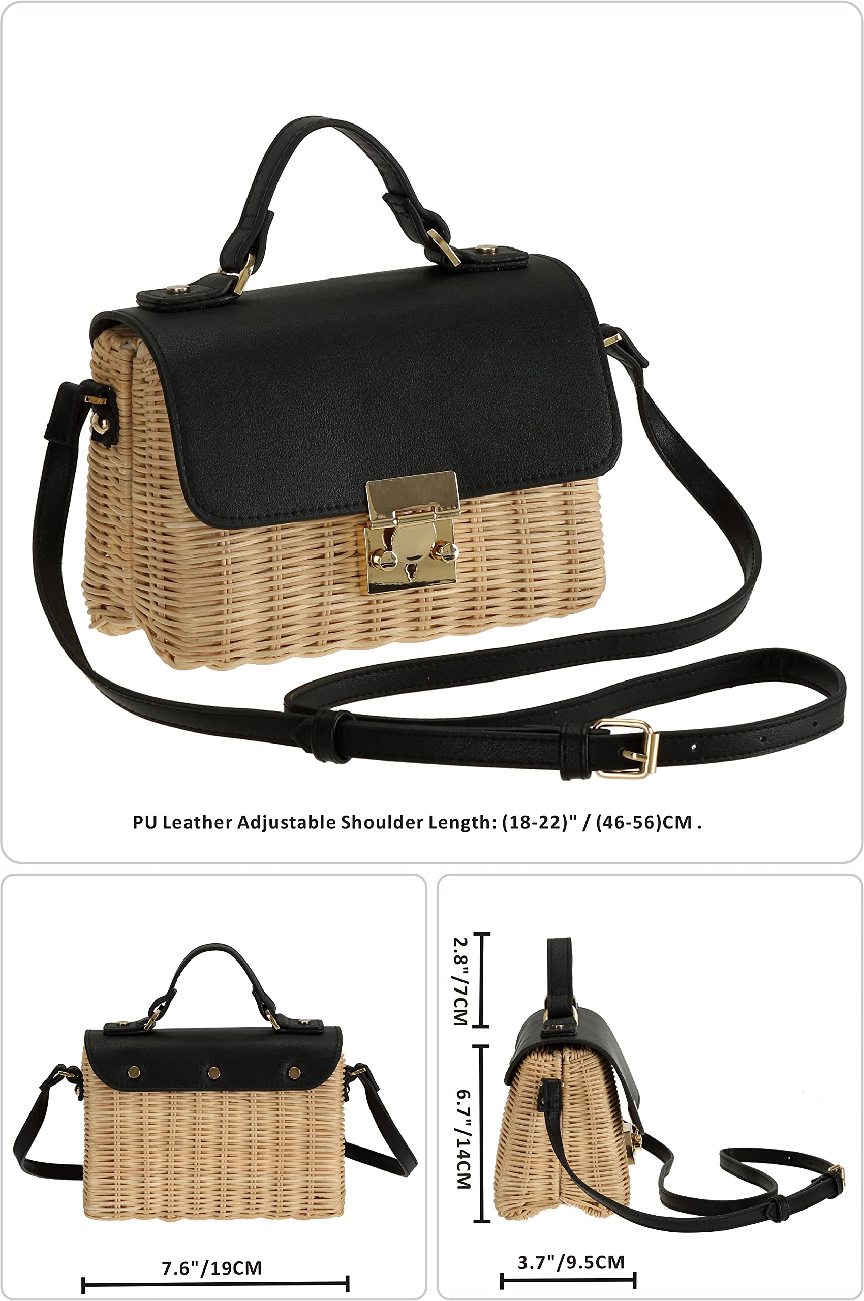 So'each Women's Handbag Wicker Square Rattan Bamboo Bag Woven Crossbody Bag Black