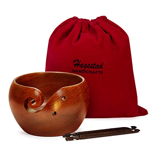 Yarn Bowl Wooden 6 inch by 3 inch Wooden with Free Travel Pouch and Wooden Crochet Hooks. Perfect Yarn Holder for Knitting and Crocheting