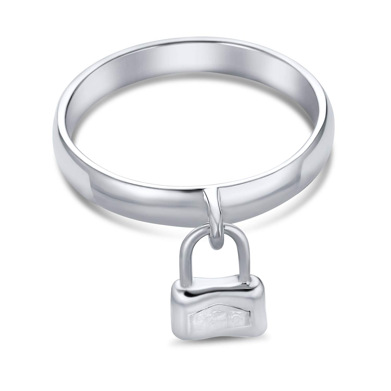 Bling Jewelry Dangle Charm Pad Lock Ring For Women For Girlfriend .925 Sterling Silver Polished 1MM