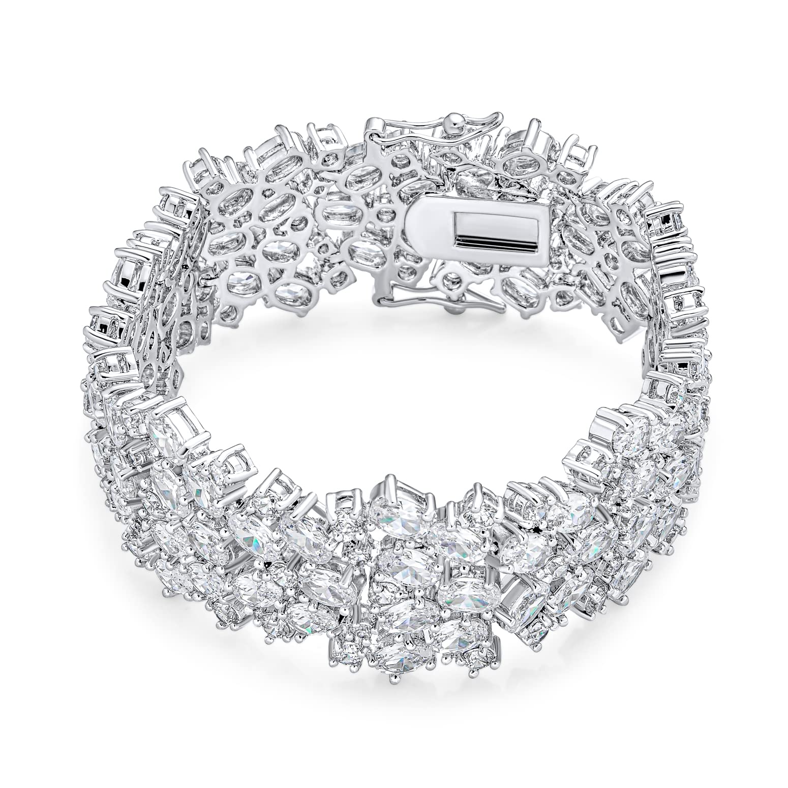 Bling Jewelry Elegant Formal AAA CZ Wide Statement Bracelet for Women, Prom, Wedding or Bridal Occasions Multi Row Big Oval Cubic Zirconia Cluster Design Silver Plated