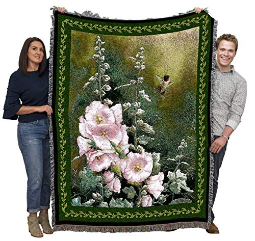 Pure Country Weavers Hollyhock Hummer Blanket by Catherine McClung - Hummingbird Bird Garden Floral Gift Tapestry Throw Woven from Cotton - Made in The USA (72x54)