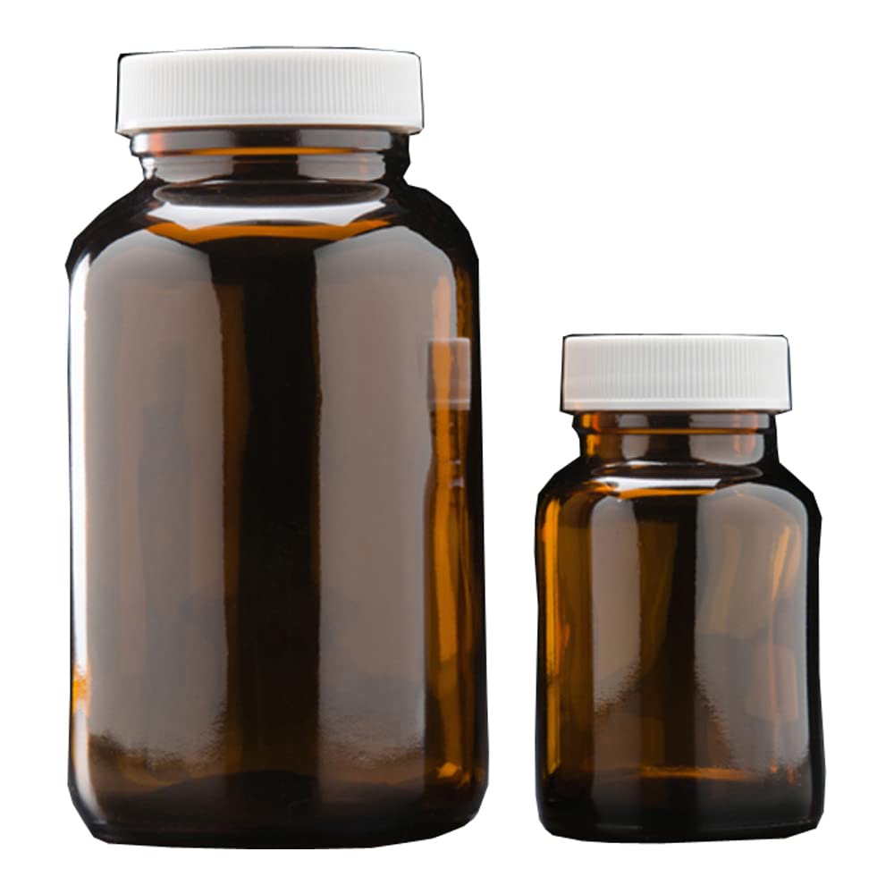 JG Finneran 9-225 Amber Borosilicate Glass Standard Wide Mouth Packer with White Polypropylene Closure and 0.015" PTFE Lined, 53-400mm Cap Size, 32oz Capacity (Pack of 12)