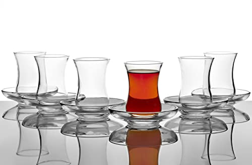 Pasabahce Premium Turkish Tea Glasses and Saucers, Set of 12, Perfect for Tea Party, Gifts, Housewarming, Weddings, Aniversary