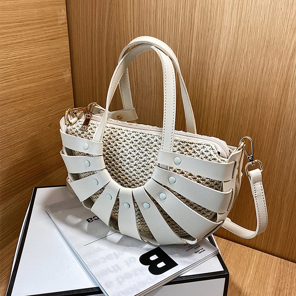 QTKJ Hand-woven Cute Women Summer Beach Semi-circle Rattan Straw Handbags, Splicing Shoulder Bag Cross body Straw Bag with Leather Shoulder Strap (Beige)