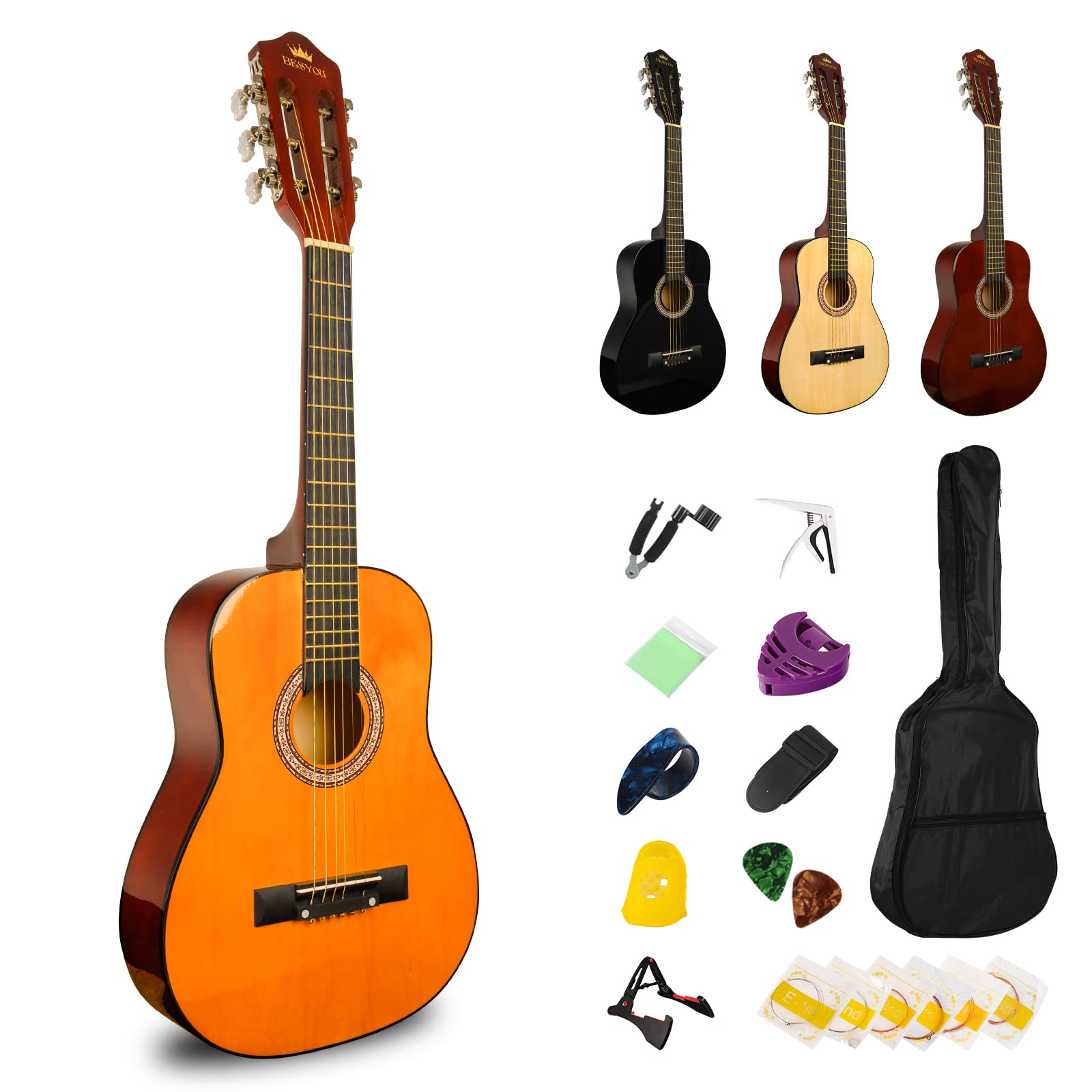 BESYOU Acoustic guitar children's guitar Includes Stand, Gig Bag, Tuner, entry practice guitar 30 -inch student beginner set with a guitar rack with a guitar rackâŠ