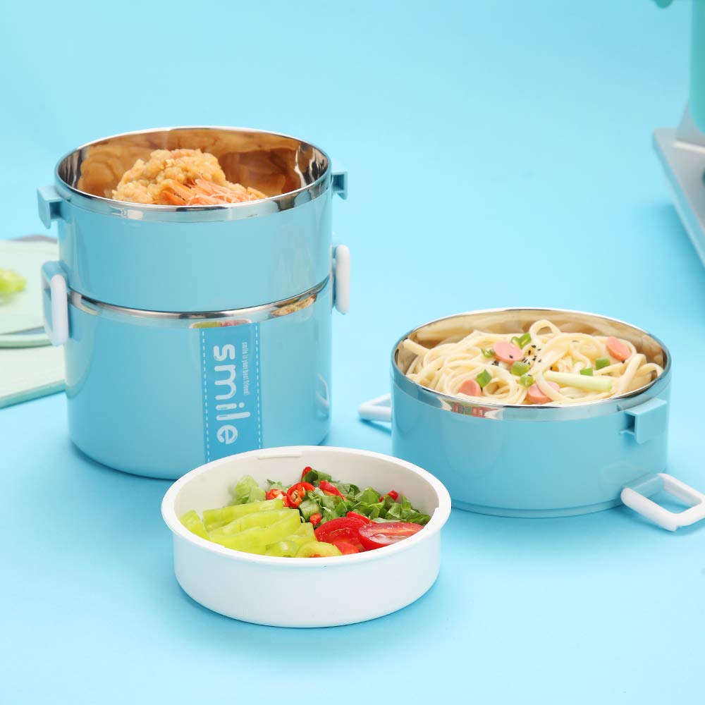 Bento Lunch Box 57 OZ, Arderlive Stackable Insulated Stainless Steel Lunch Container With Portable Lunch Bag, Large Capacity with Container & Spoon. (2 tier,blue)