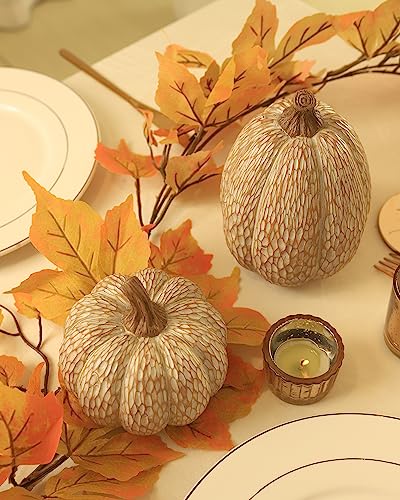 DN DECONATION Thanksgiving Resin Pumpkin Statue, Brown and White Pumpkin Figurine, Faux Decorative Pumpkins for Table Centerpiece, Countryside Autumn Fall, Set of 2, Gift