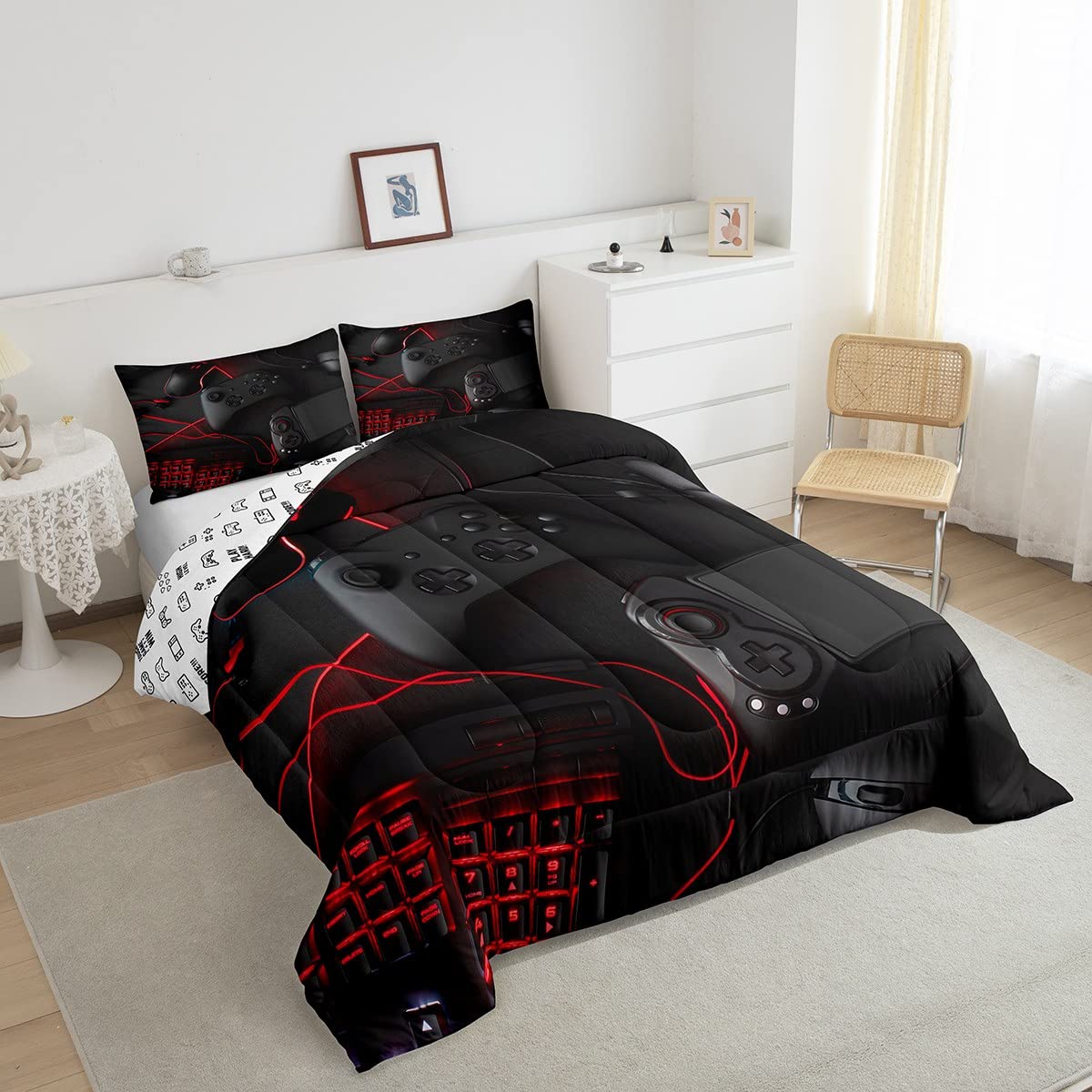 Feelyou Gamer Comforter Set for Boys Teens Kids Game Headphones Keyboard Mouse Gamepad Duvet Cover Twin Size Black Red Gaming Bedding Set Game Peripherals Decor Quilted Duvet Set with 1 Pillow Sham