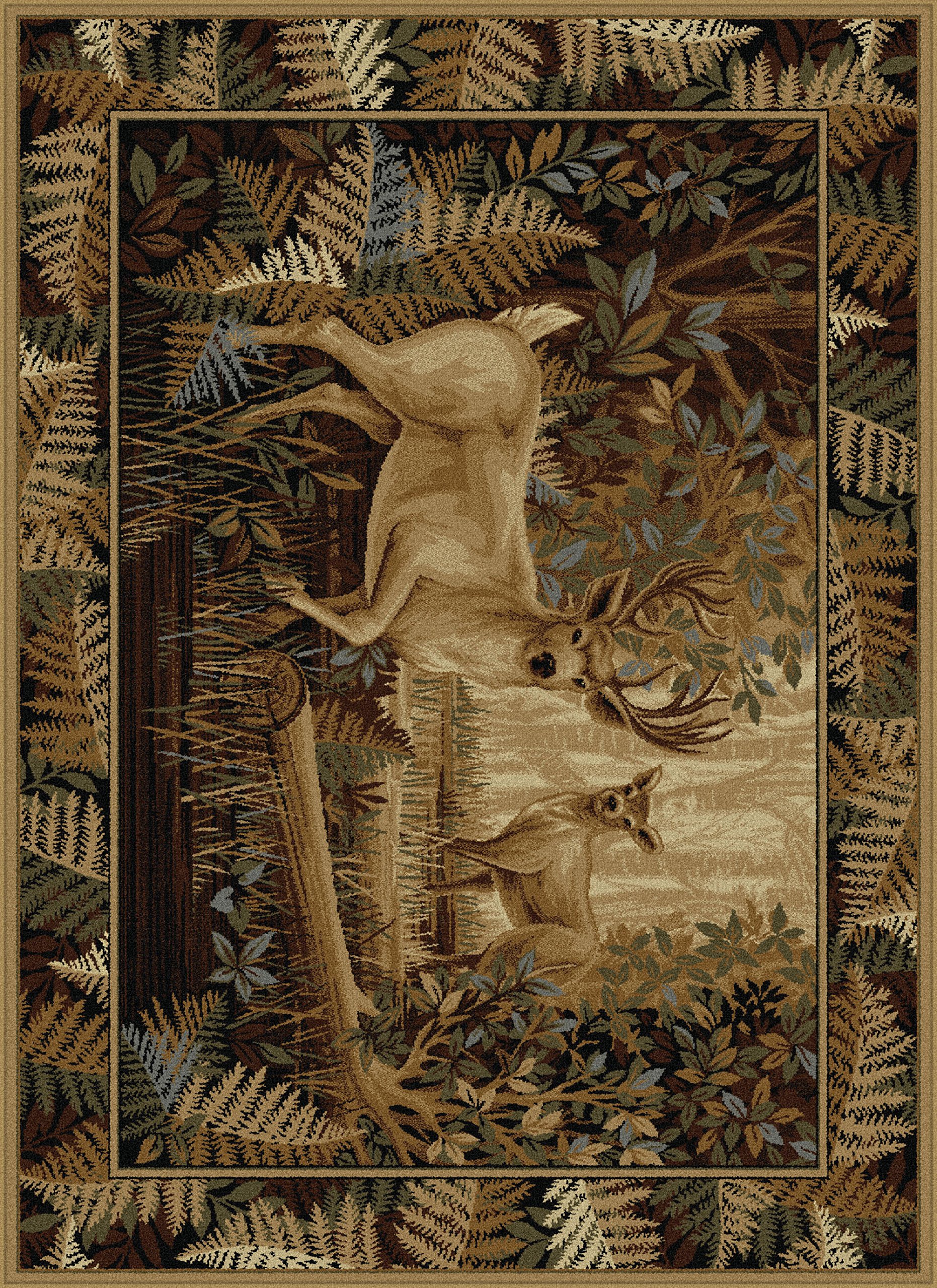Fern Deer Novelty Lodge Pattern Beige Rectangle Area Rug, 5' x 7'