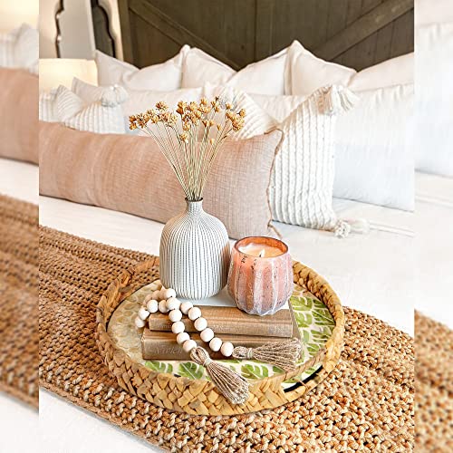 MadeTerra Round Seagrass Tray with Mother of Pearl Inlay Wooden Base Insert Handle, Decorative Nacre Serving Basket for Breakfast, Food, Coffee Table Decor, Decoration, Storage and Display (Set 2)