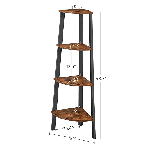 VASAGLE Corner Shelf Stand, 4-Tier Corner Bookshelf, Industrial Corner Ladder Shelf, Plant Stand Display Shelf for Living Room, Office, Kitchen, Rustic Brown and Black ULLS34X