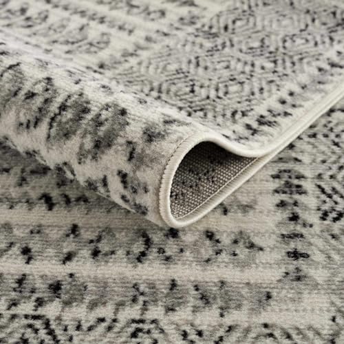 Hauteloom Greig Farmhouse Moroccan Geometric Area Rug - Boho Aztec Tribal Carpet for Living Room, Bedroom, Dining Room - Bordered - Off White, Black, Grey - 7'10" Round Rug